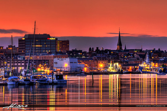 Portland Maine Downtown City Lights at Sunset Over Marina - Royal Stock ...