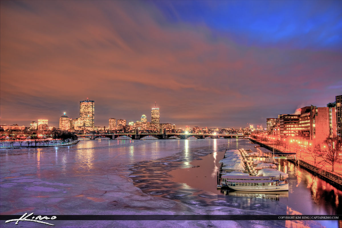 Boston Massachusetts at night along Charles River | Royal Stock Photo