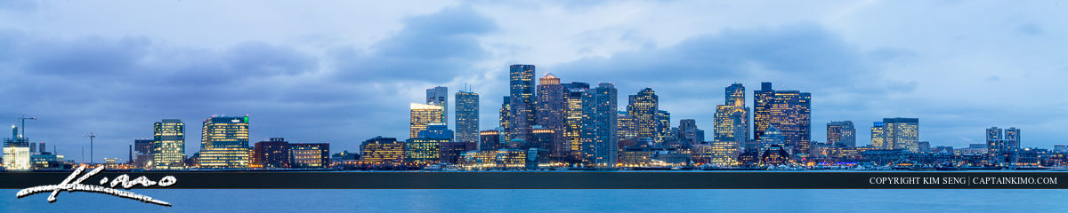 Boston Skyline Night Super Wide Pano Blue Light | Royal Stock Photo