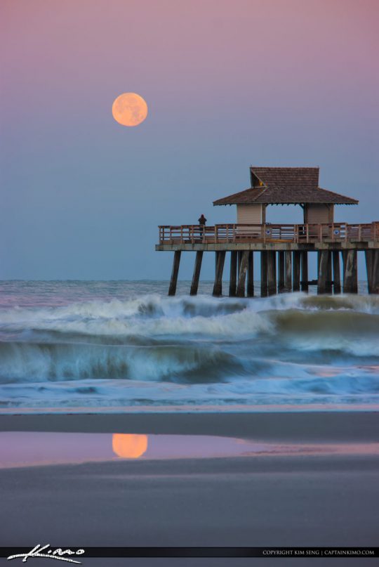 Naples Pier Moon Setting Over Gulf Coast | Royal Stock Photo