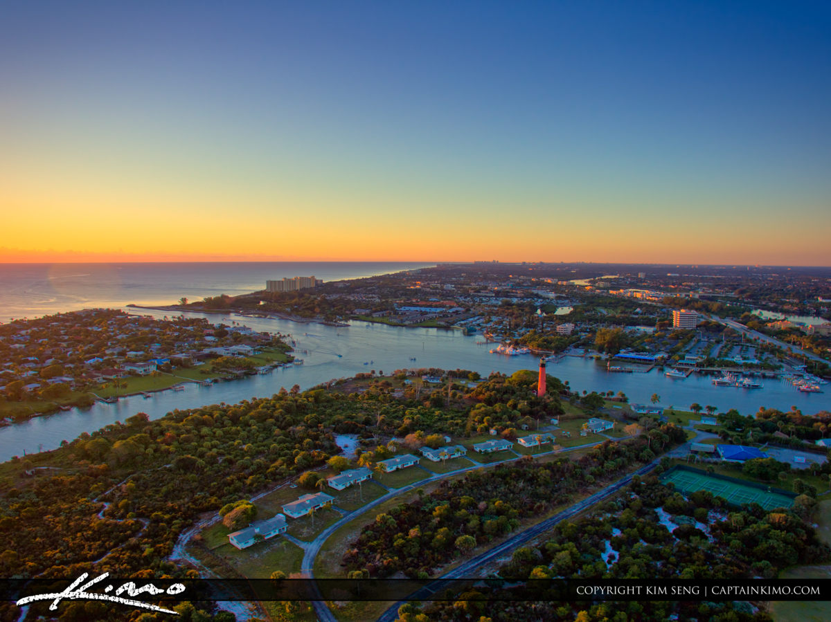 Jupiter Inlet Sunrise at Lighthouse Waterway Aerial | Royal Stock Photo