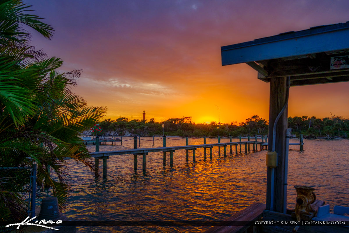 Jupiter Florida Sunset Lighthouse Waterway from Marina | Royal Stock Photo