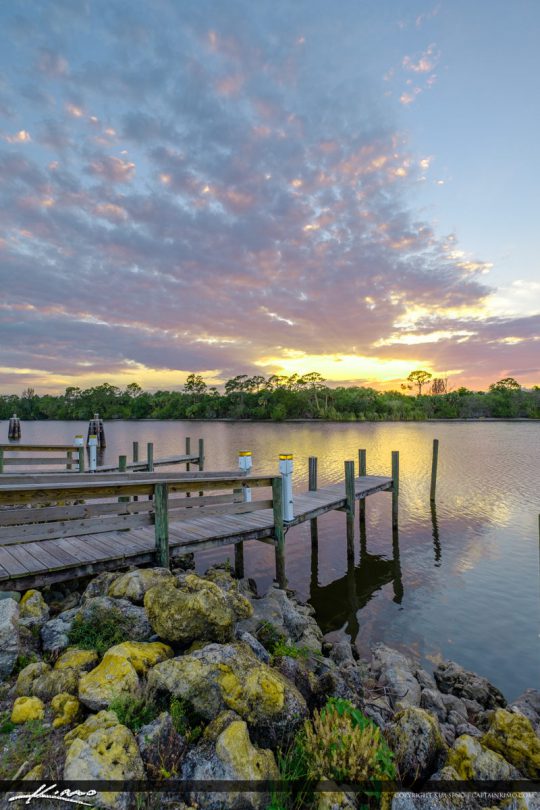 St Lucie Lock and Dam Dock at Sunset Stuart Florida River - Royal Stock ...