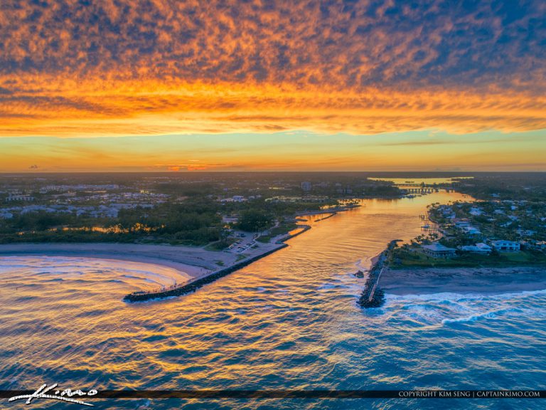 Jupiter Inlet Aerial Sunset from Jetty | Royal Stock Photo