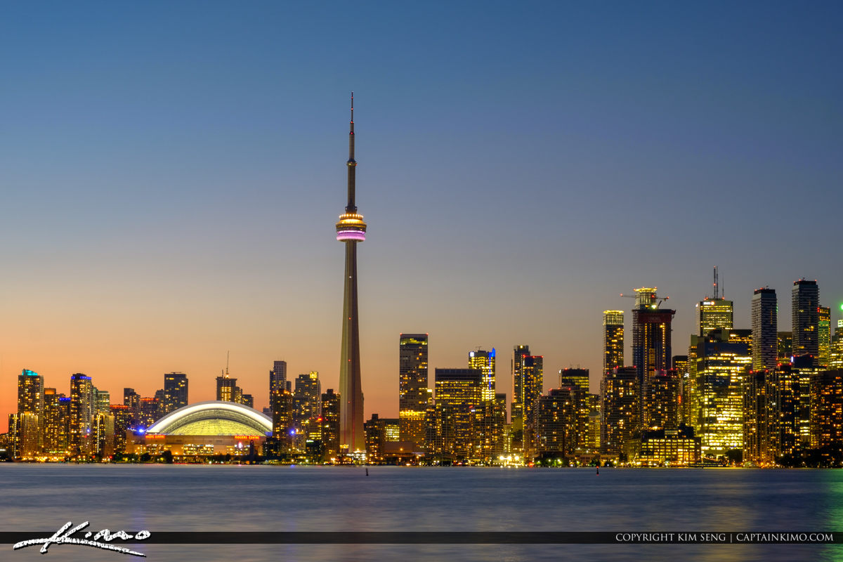 CN Tower NIghttime Skyline View from Centre Island Sunset - Royal Stock ...