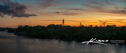 Jupiter Lighthouse Sunset Waterway Pano View | Royal Stock Photo