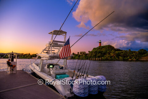 Jupiter Lighthouse Boat Docked at Marina Sunset | Royal Stock Photo