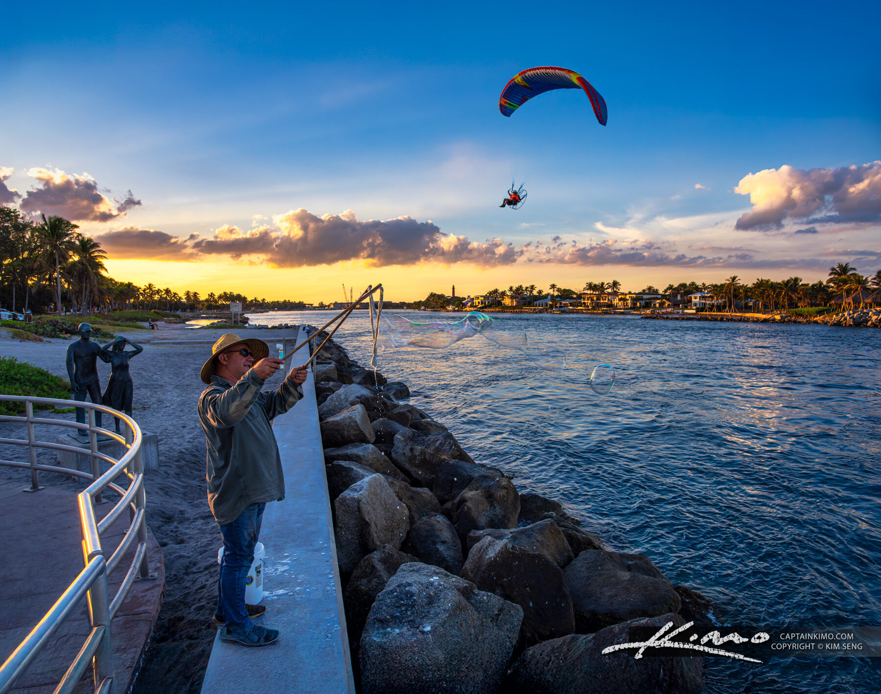Jupiter Inlet Sunset With Jupiter Lighthouse Paraglider Bubble M ...